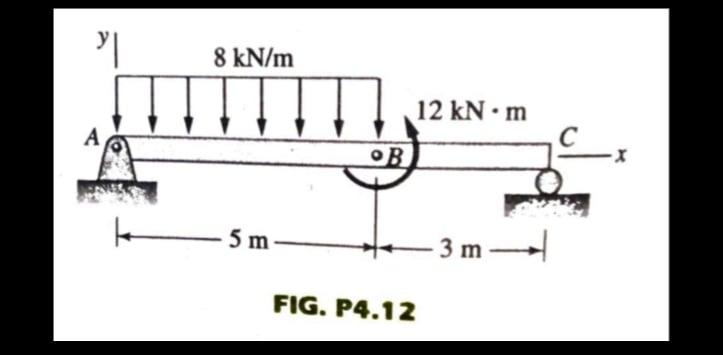 Solved 기 8 kN/m 12 kN.m A OB 5 m - 3 m- FIG. P4.12 | Chegg.com