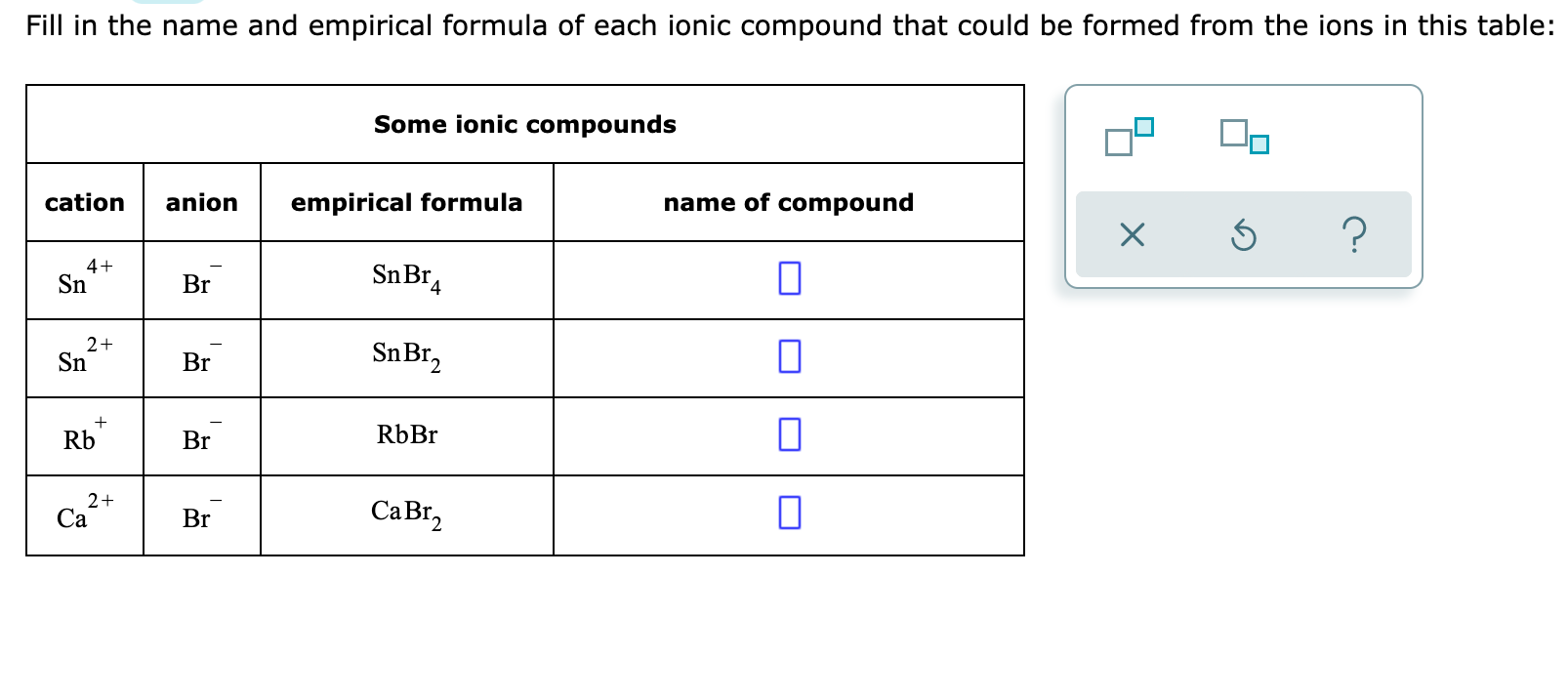 Solved Fill in the name and empirical formula of each ionic | Chegg.com