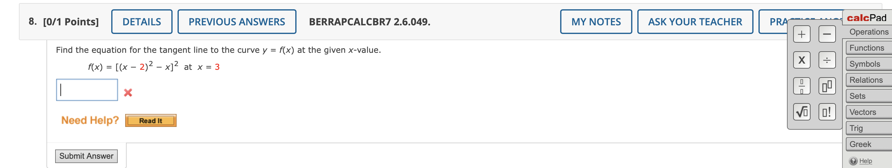 Solved 11 Points] BERRAPCALCBR7 2.6.049. Find the equation | Chegg.com