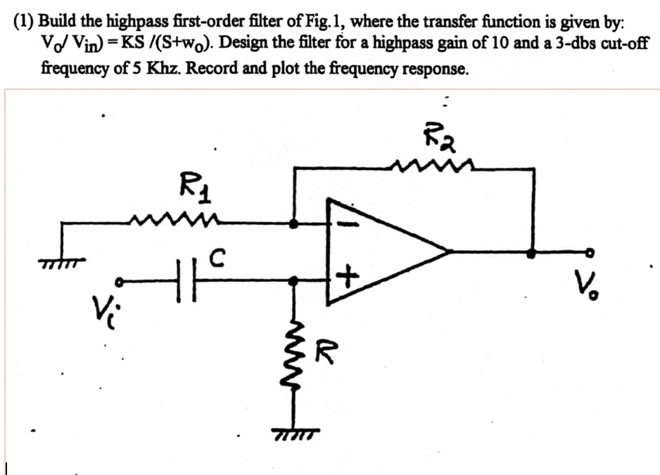 Solved (1) Build the highpass first-order filter of Fig.1, | Chegg.com