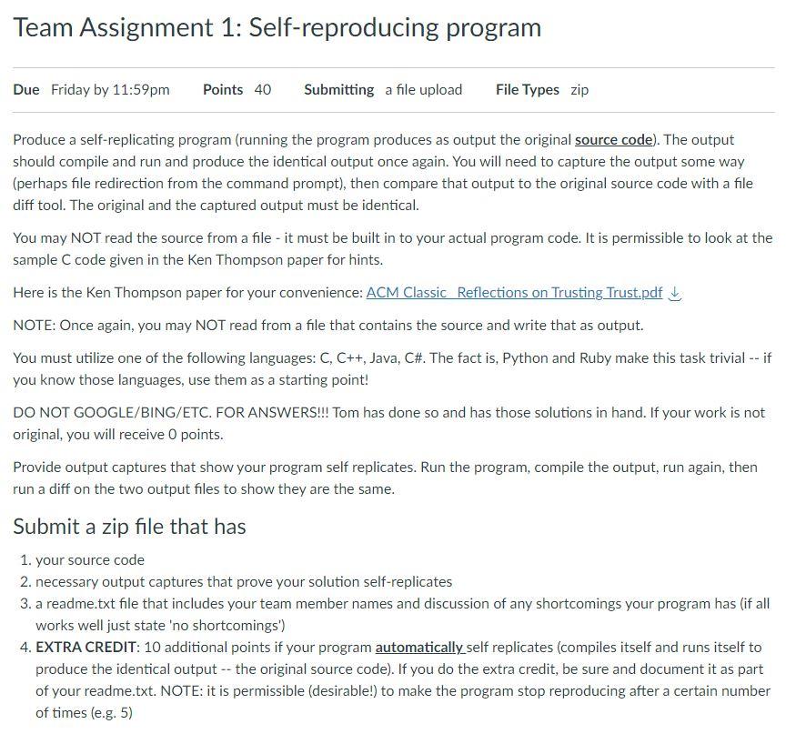 Solved Team Assignment 1: Self-reproducing program Due | Chegg.com