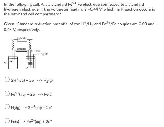 Solved In the following cell, A is a standard Fe2+1 Fe | Chegg.com