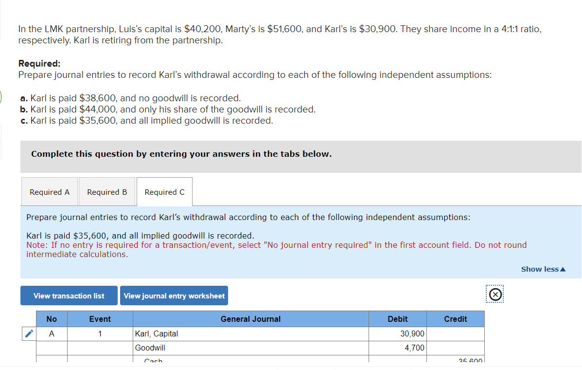 Solved In the LMK partnership, Luis's capital is $40,200, | Chegg.com