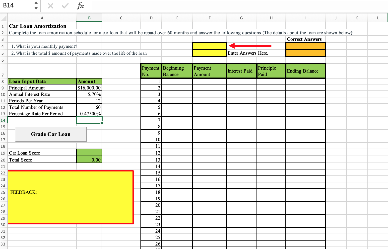 Solved B14 x fx A B с D E F G H 1 J к L 1 2 3 Car Loan | Chegg.com