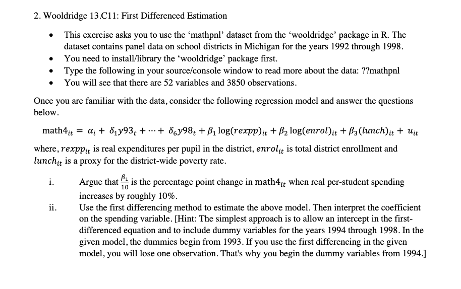 Solved Wooldridge 13.C11: First Differenced Estimation • | Chegg.com