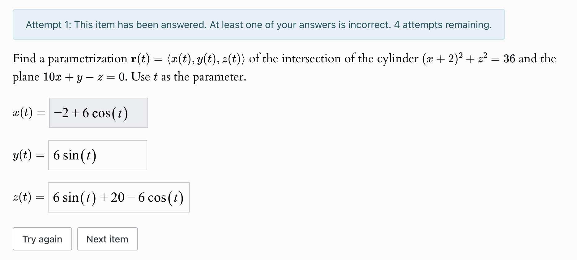 Solved Find a parametrization r(t)=of the intersection of | Chegg.com