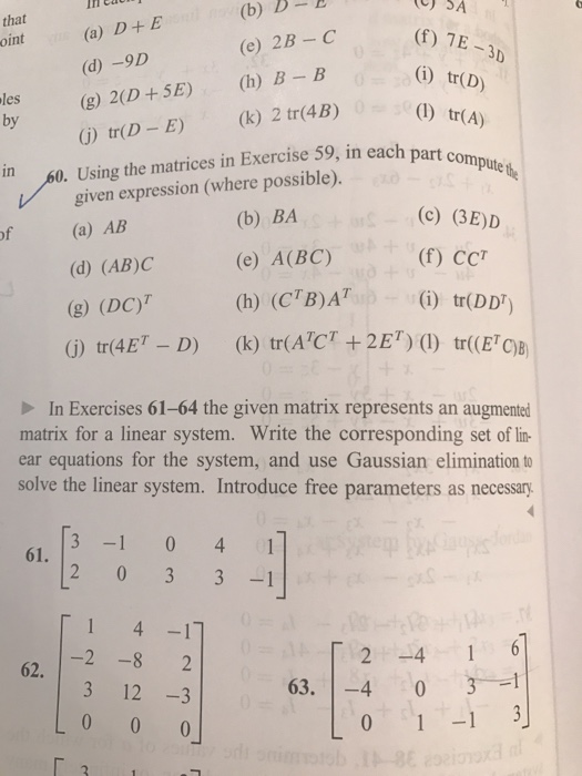 Solved Using the matrices in Experience 59, in each part | Chegg.com