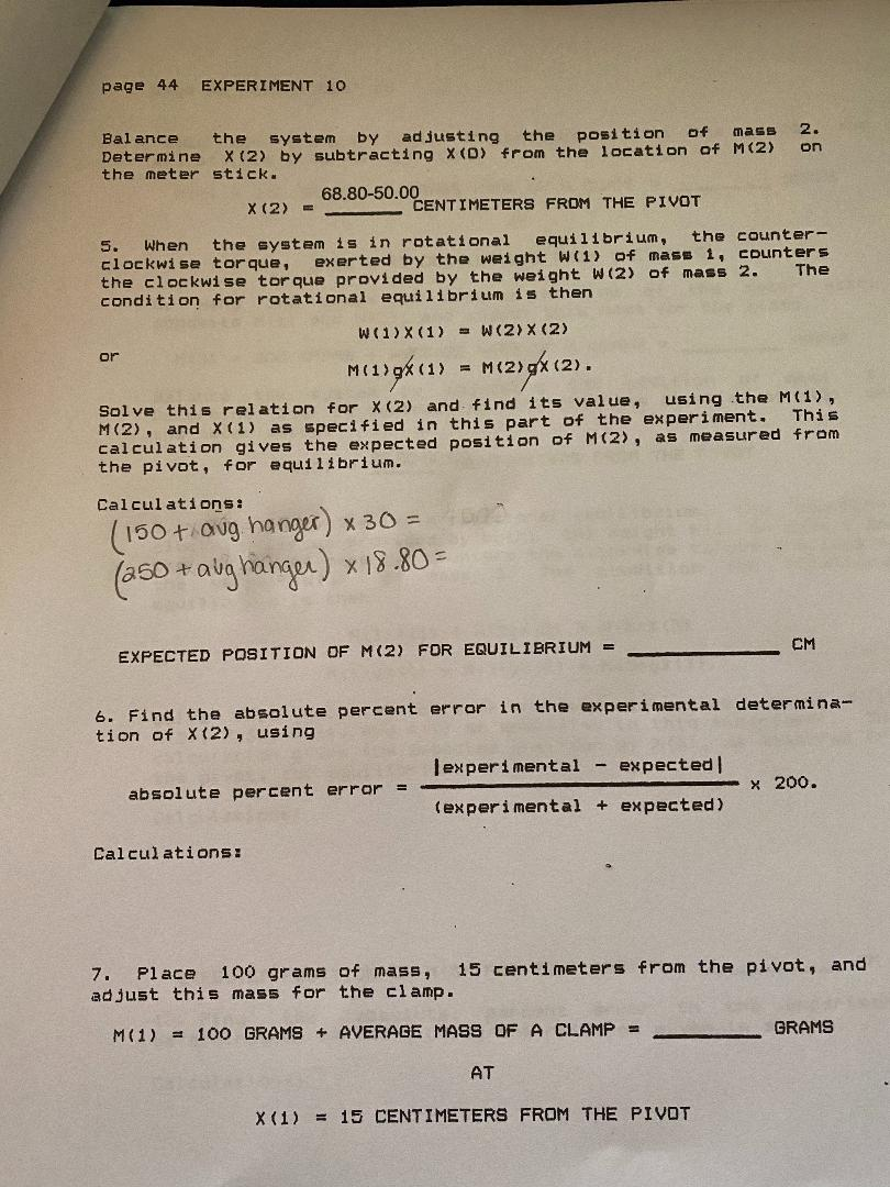 Solved page 45 EXPERIMENT 10 the pivot, and Place 200 grams | Chegg.com