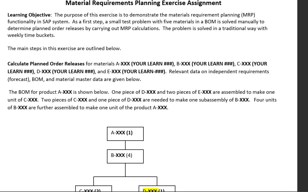 Solved IVIaterıal Requirements Plannıng Exercise Assignment | Chegg.com