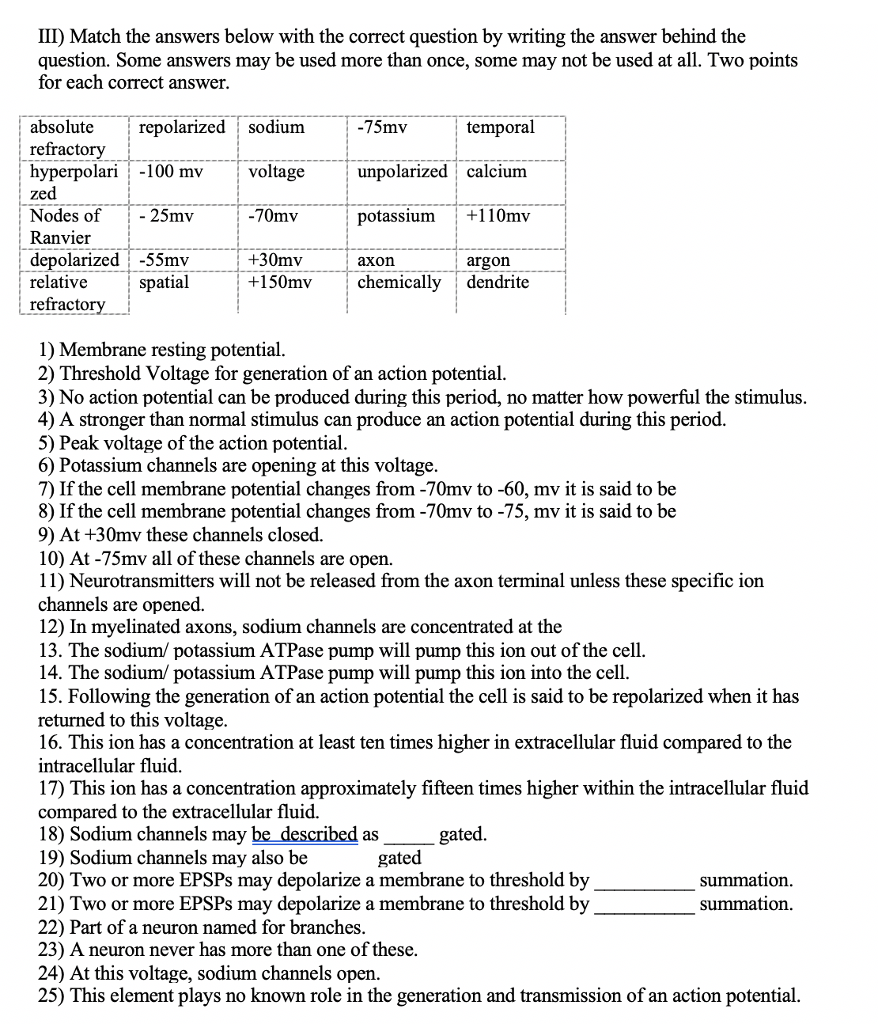 Solved III) Match the answers below with the correct | Chegg.com