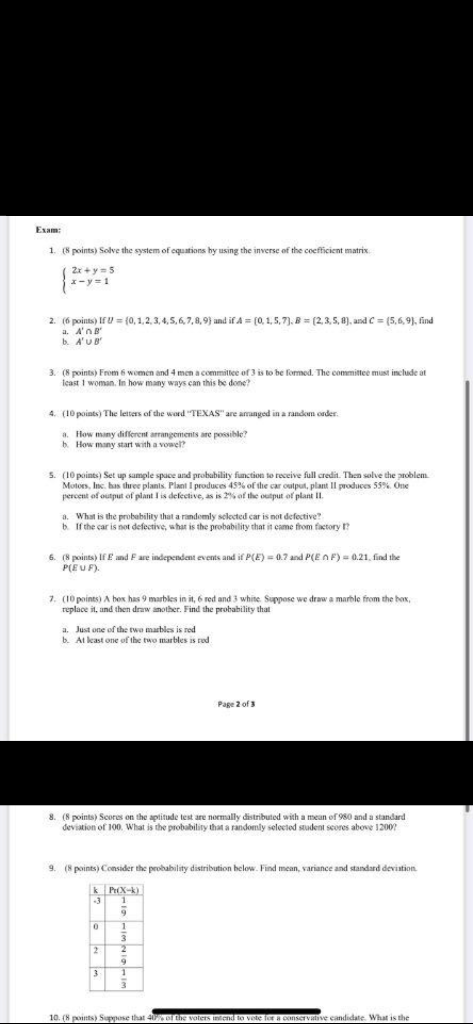 Solved Exam 1. points) Solve the system of equations by | Chegg.com