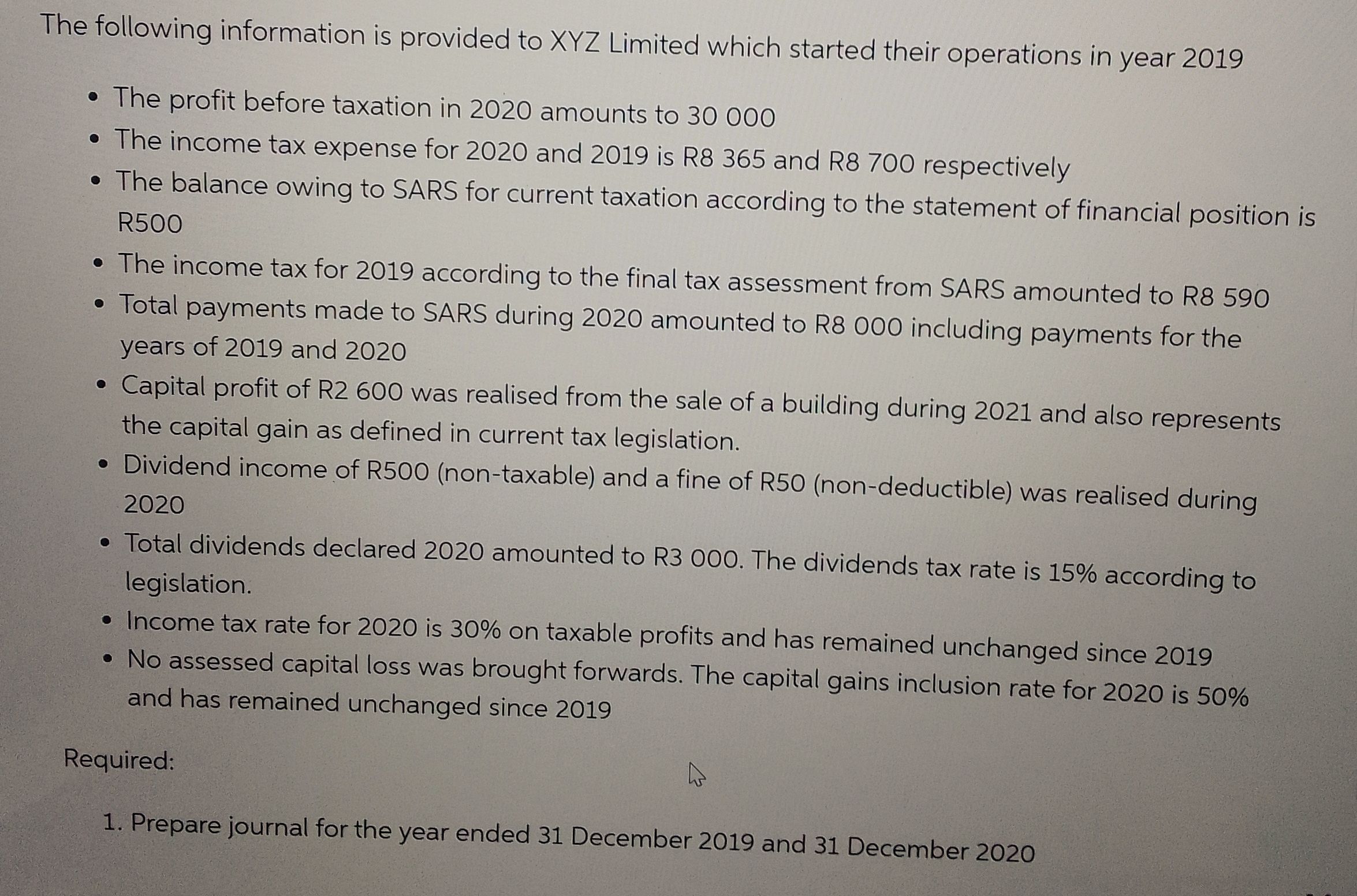 Solved The following information is provided to XYZ Limited | Chegg.com