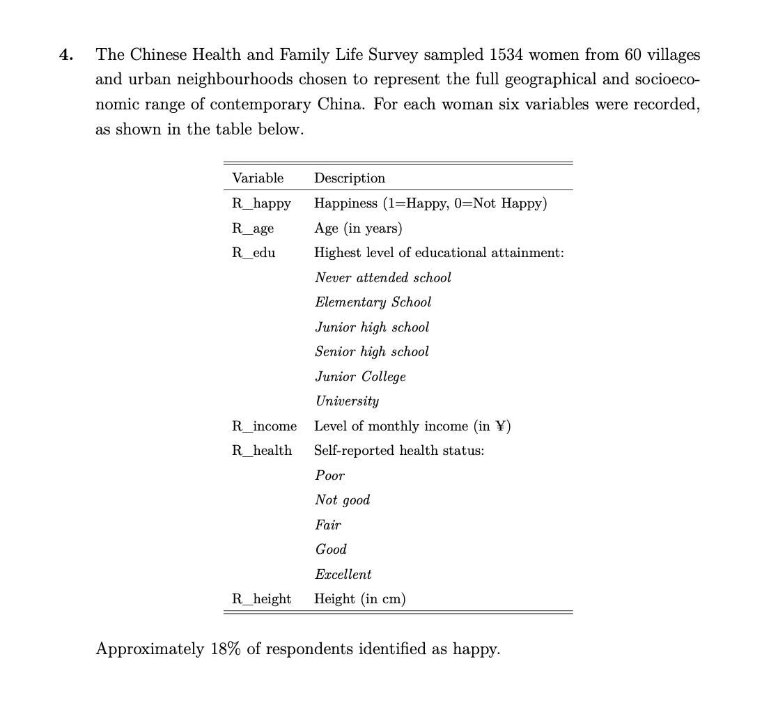 Solved 4. The Chinese Health and Family Life Survey sampled | Chegg.com