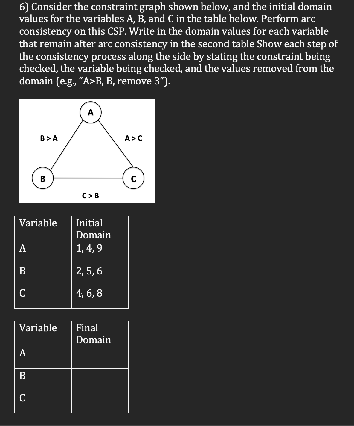 Solved 6) ﻿Consider the constraint graph shown below, and | Chegg.com