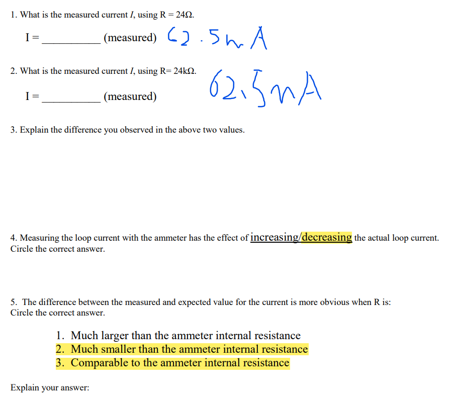 Solved 1. What is the measured current I, using R=24Ω. I= | Chegg.com