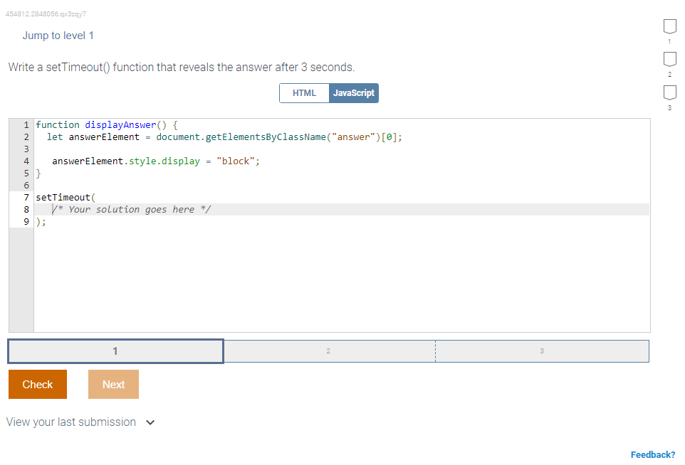 Solved \begin{tabular}{l|l} 1 & function displayAnswer () \{ | Chegg.com