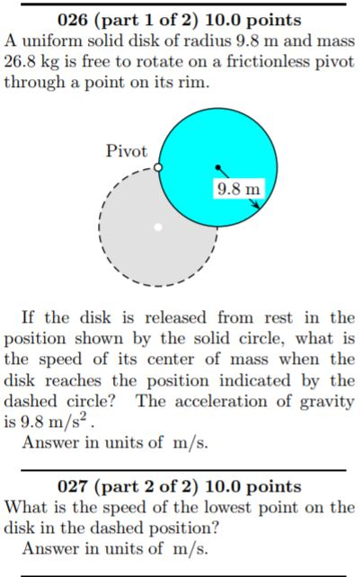 Solved 026 (part 1 of 2) 10.0 points A uniform solid disk of | Chegg.com