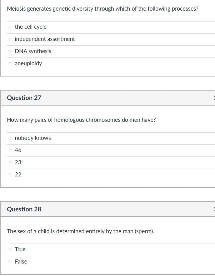 Solved Meiosis generates genetic diversity through which of | Chegg.com
