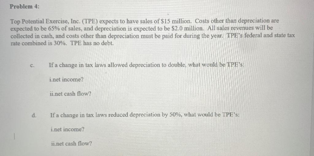 Solved Problem 4: Top Potential Exercise, Inc. (TPE) expects | Chegg.com
