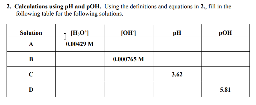 Solved 2. Calculations using pH and pOH. Using the | Chegg.com