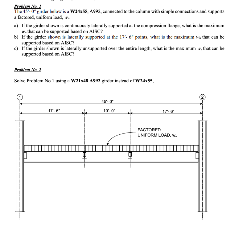 Solved Problem No. 1 The 45'-0" girder below is a W24x55, | Chegg.com