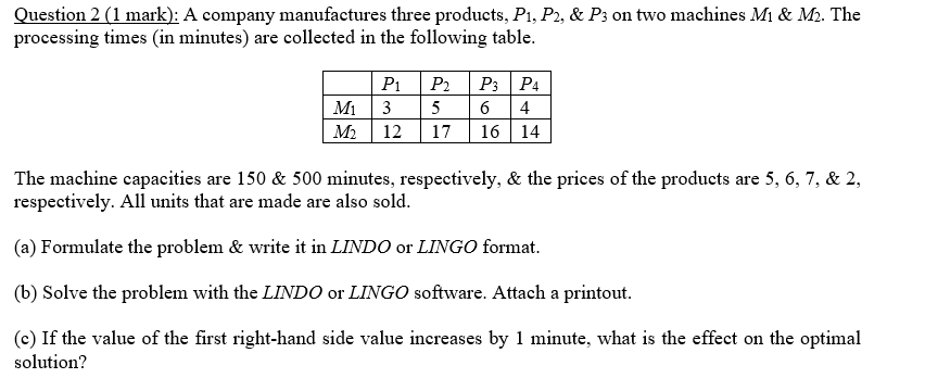 Solved Question 2 (1 mark): A company manufactures three | Chegg.com