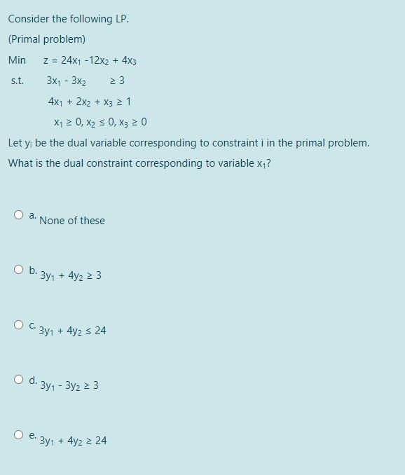 Solved Consider the following LP. (Primal problem) Min z = | Chegg.com