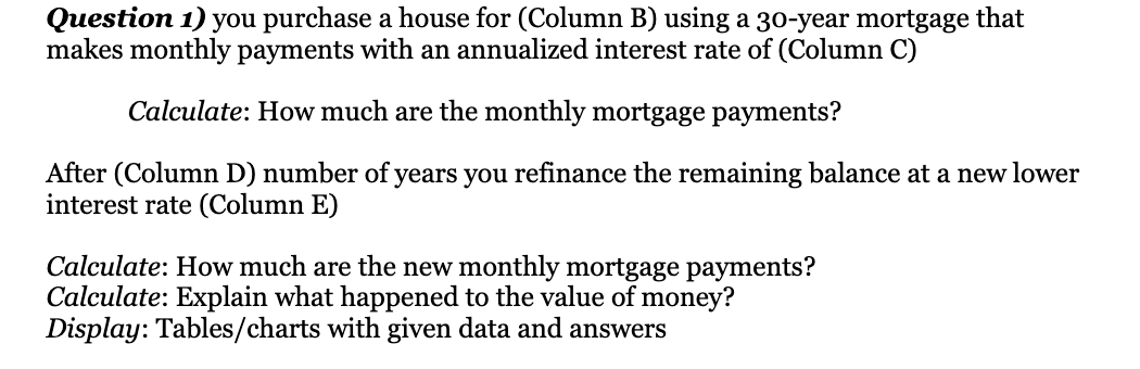 Solved Question 1) you purchase a house for (Column B) using | Chegg.com