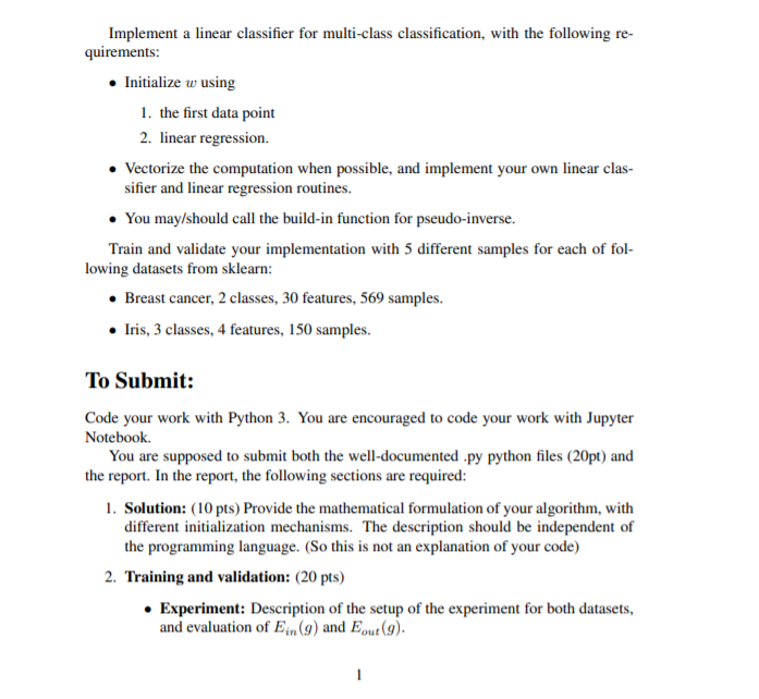 Implement a linear classifier for multi-class | Chegg.com