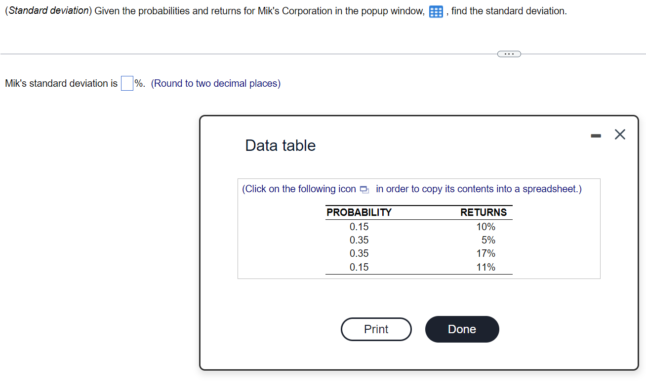 Solved (Standard deviation) Given the probabilities and | Chegg.com