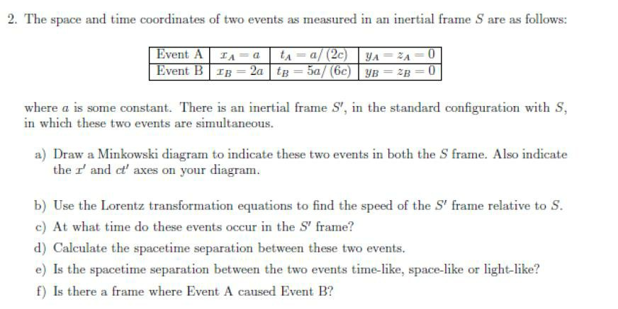 Solved 2. The space and time coordinates of two events as | Chegg.com
