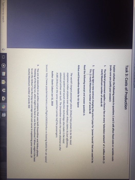 Solved Task 3: Costs of Production Explain whether the | Chegg.com