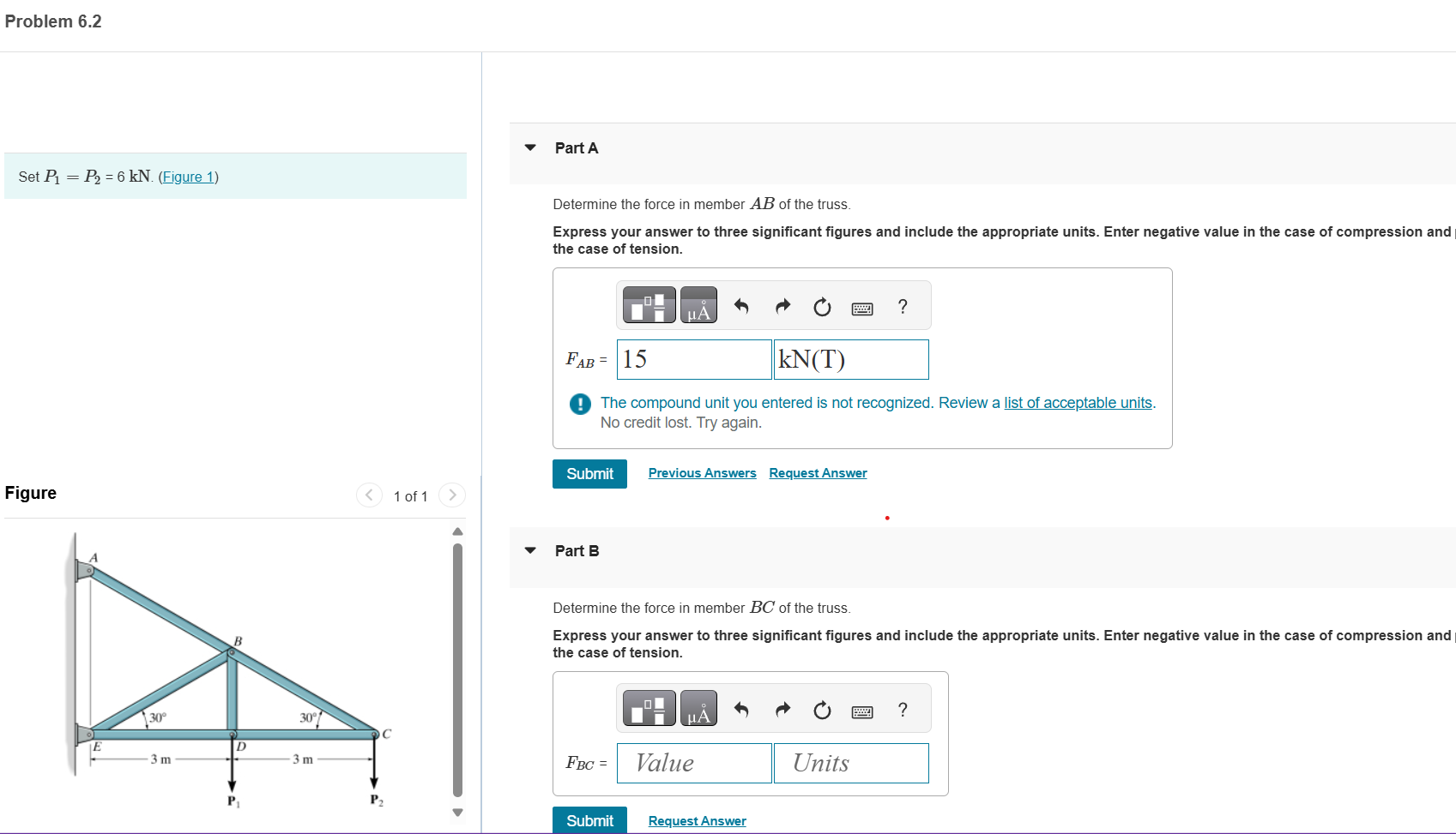 Solved Set P1=P2=6kN. (Figure 1) ﻿Determine the force in | Chegg.com