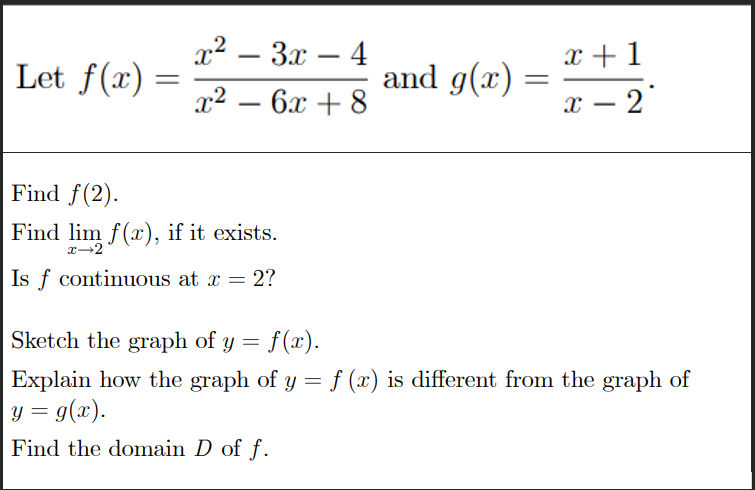 Solved Let f(x)=x2−6x+8x2−3x−4 and g(x)=x−2x+1. Find f(2). | Chegg.com