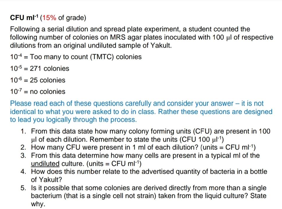 Solved CFU ml (15% of grade) Following a serial dilution and | Chegg.com