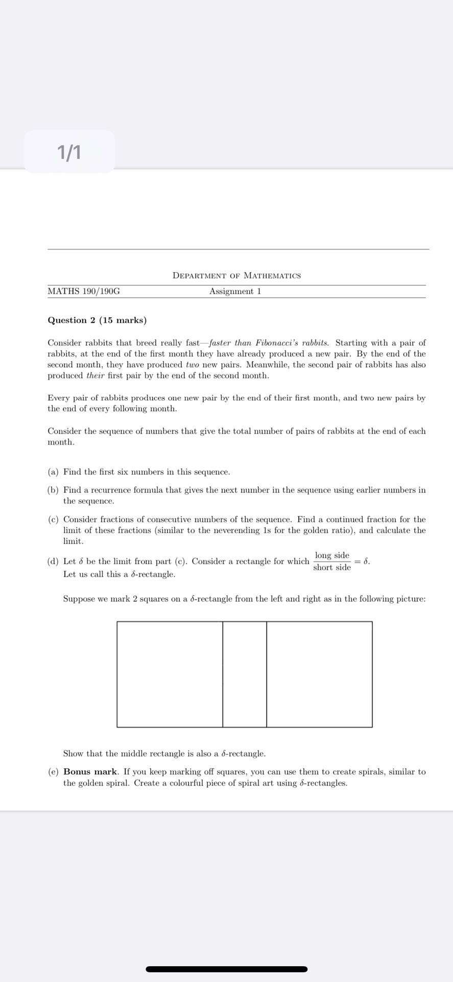 1/1 DEPARTMENT OF MATHEMATICS MATHS 190/190G | Chegg.com