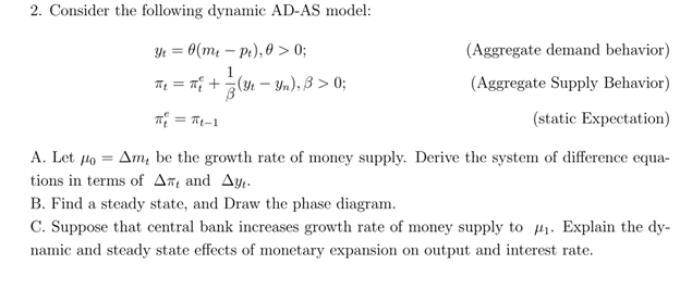Solved 2. Consider the following dynamic AD-AS model: | Chegg.com