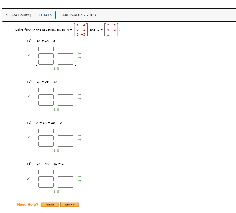 Solved 3. [-14 Points] DETAILS LARLINALG8 2.2.013. Solve for | Chegg.com