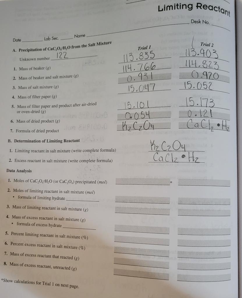 Solved Limiting Reactant Desk No. Date Trial 2 Lab Sec. Name | Chegg.com
