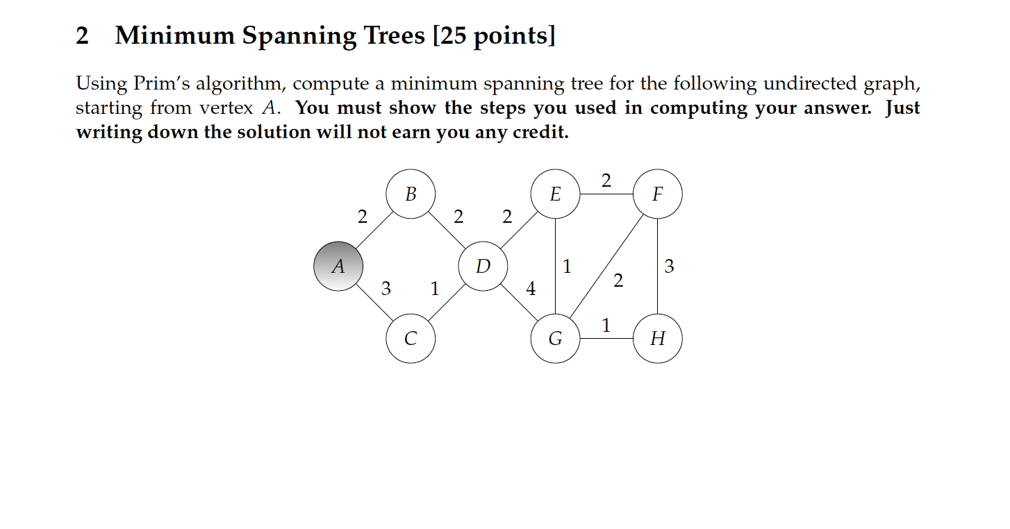 Solved 2 Minimum Spanning Trees [25 points] Using Prim's | Chegg.com
