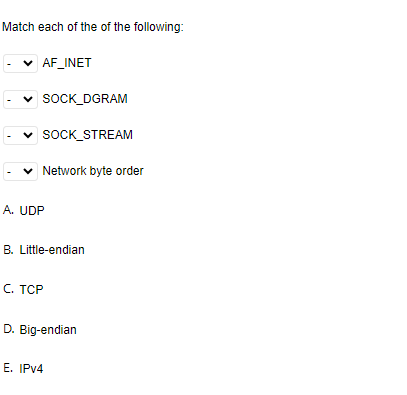 Solved Match each of the of the following: AF_INET | Chegg.com