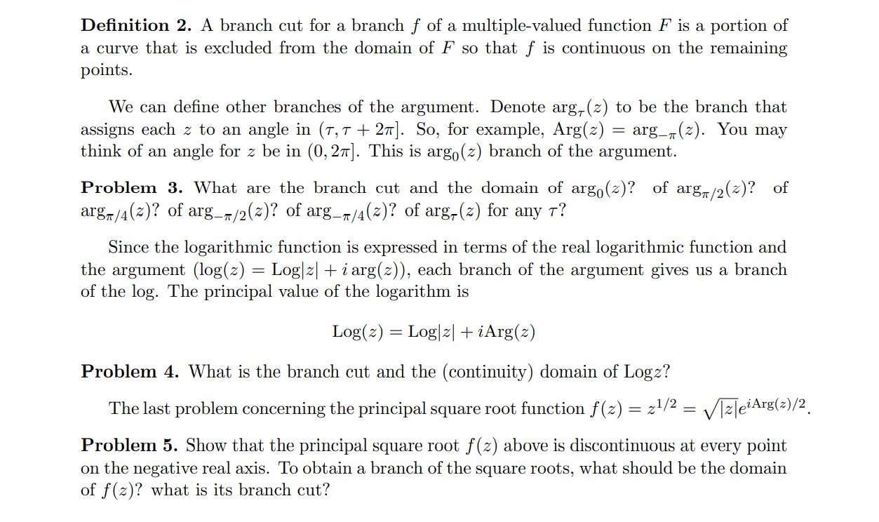 Definition 2. A branch cut for a branch f of a | Chegg.com