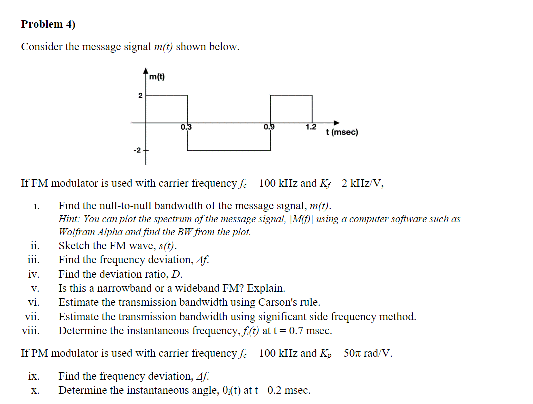 Solved Problem 4) Consider the message signal m(t) shown | Chegg.com