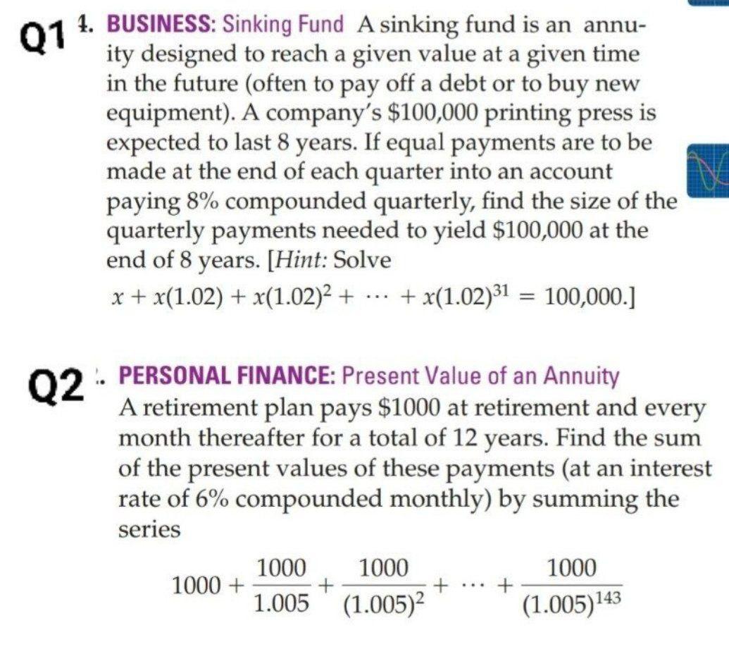 Solved Q1 4. BUSINESS: Sinking Fund A sinking fund is an | Chegg.com