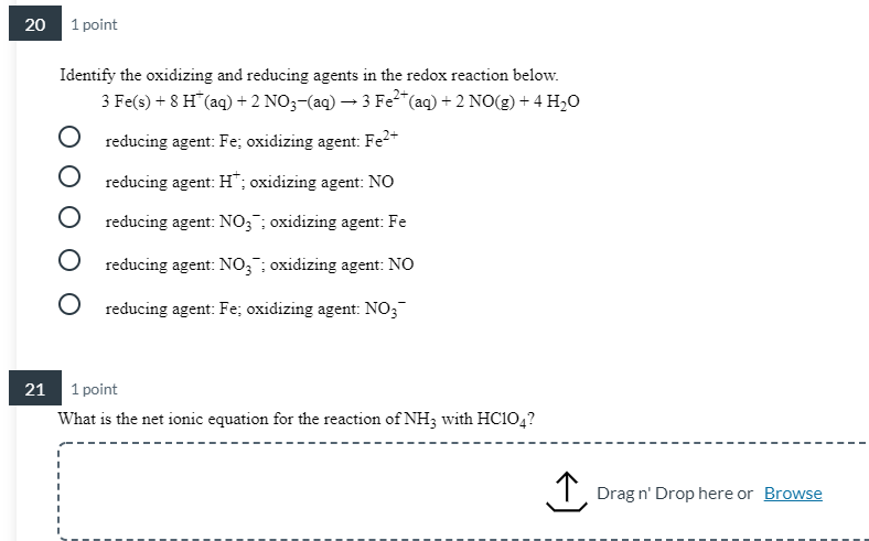 Solved 20 1 point Identify the oxidizing and reducing agents | Chegg.com