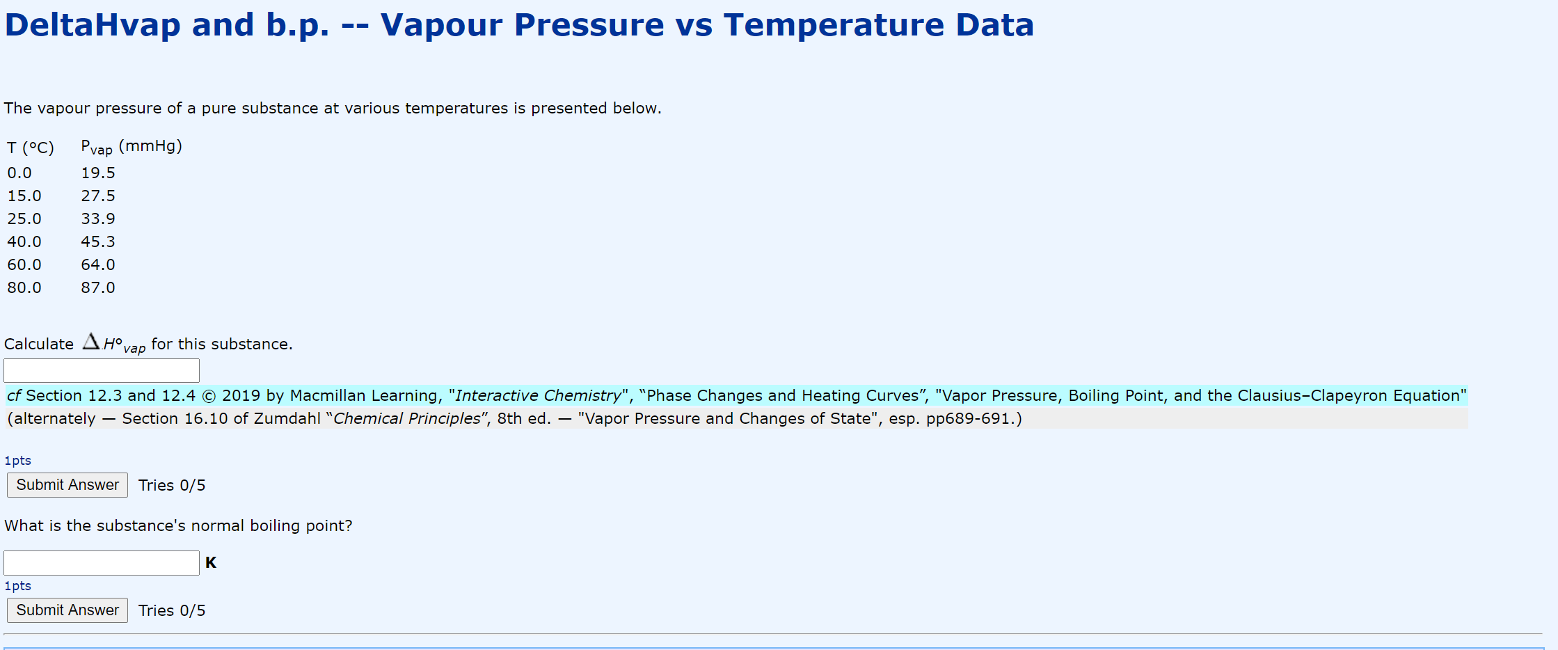 Solved Delta Hvap and b.p. -- Vapour Pressure vs Temperature | Chegg.com
