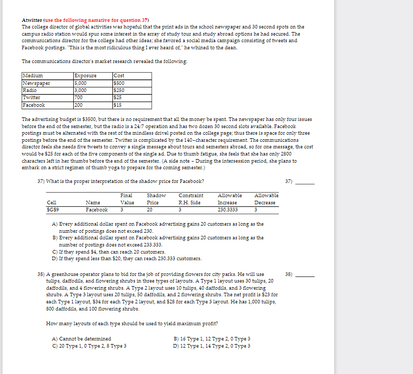 Solved Atwitter (use the following narrative for question | Chegg.com