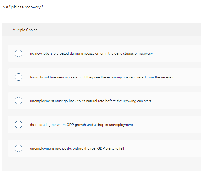 Solved In a "jobless recovery," Multiple Choice no new jobs | Chegg.com