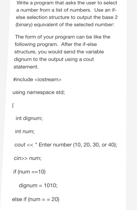 Solved Write a program that asks the user to select a number | Chegg.com