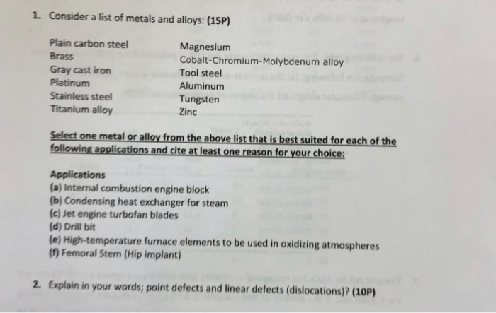 Solved 1. Consider a list of metals and alloys: (15P) Plain | Chegg.com